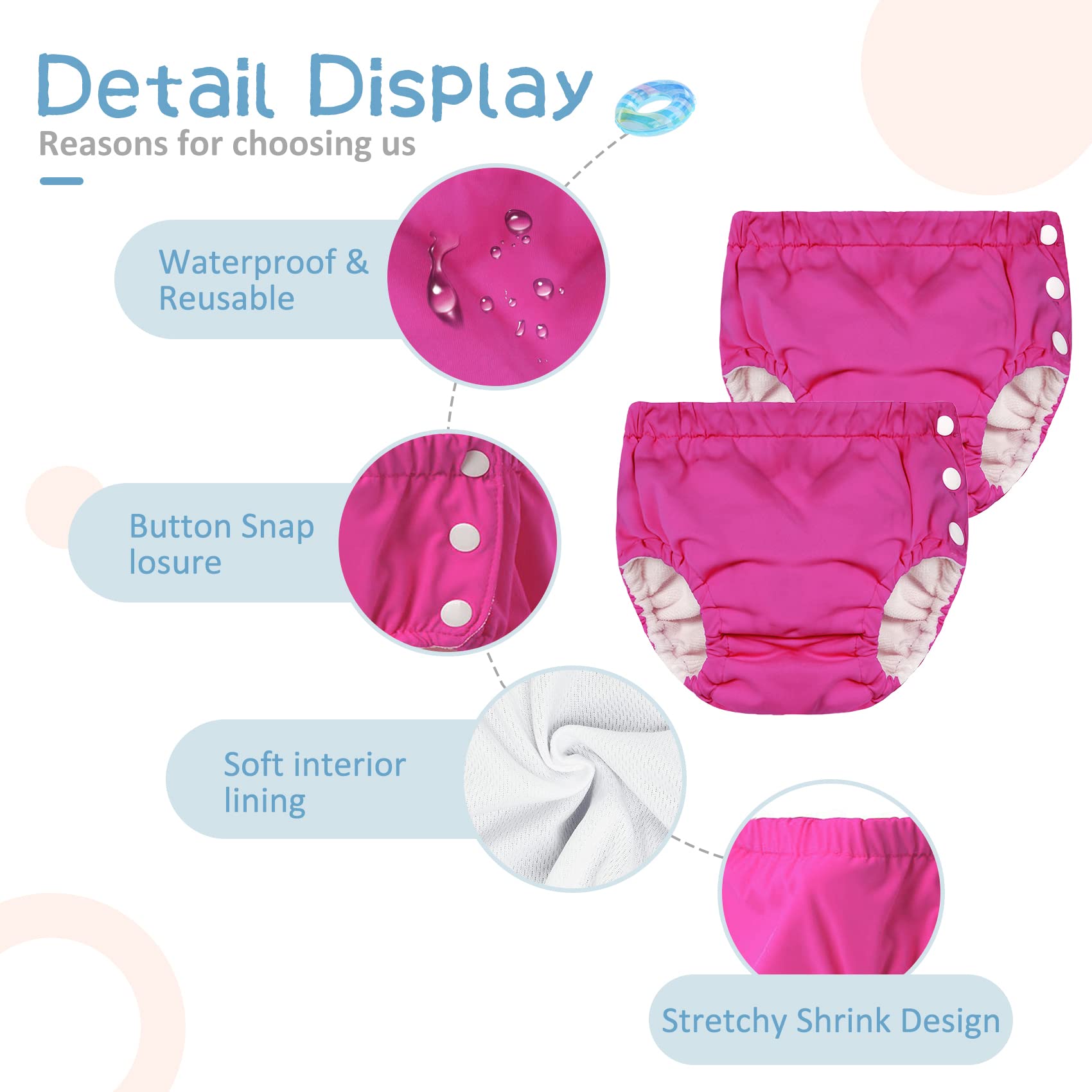 Durio Reusable Diapers Baby Washable Baby Swim Diapers Infant Swim Diaper Waterproof Baby Beach Essentials White Rose 3-6 Month