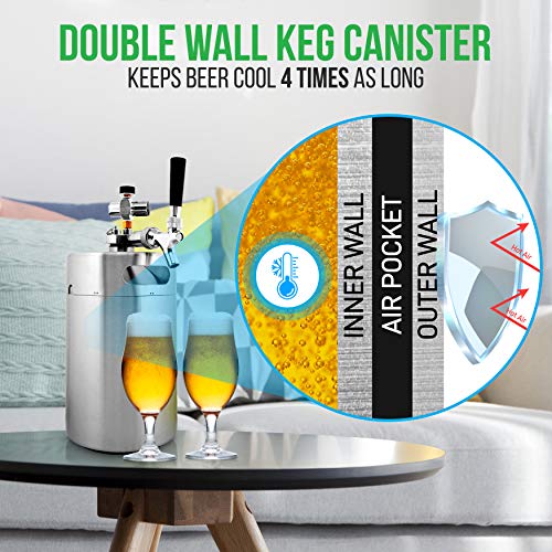 NutriChef Pressurized Growler Tap System, 128oz Double-Walled Stainless Steel Mini Keg Dispenser Portable Kegerator Kit, Co2 Pressure Regulator Keeps Carbonation for Craft Beer, Draft and Homebrew