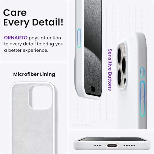 ORNARTO Compatible with iPhone 15 Pro Case 6.1", Liquid Silicone 3 Layers Full Covered Soft Gel Rubber Cover, Shockproof Protective Slim Phone Case with Anti-Scratch Microfiber Lining-White