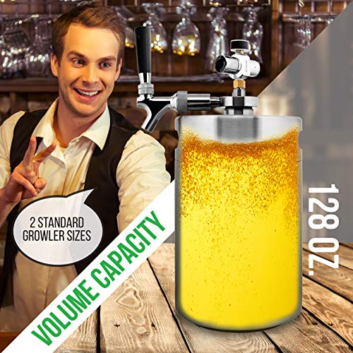 NutriChef Pressurized Growler Tap System, 128oz Double-Walled Stainless Steel Mini Keg Dispenser Portable Kegerator Kit, Co2 Pressure Regulator Keeps Carbonation for Craft Beer, Draft and Homebrew