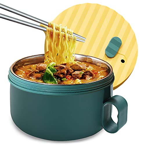 YCXXKJ Microwave Ramen Bowl Set Ramen Cooker with Handles Noodle Bowls with Lid and Chopsticks Stainless Steel Liner Dishwasher Safe for Home Office College Dorm Room(Yellow & Green)