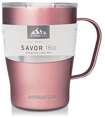 Hydrapeak SAVOR 18oz Double Vacuum Insulated Coffee Mug | Stainless Steel Travel Mug, Tumbler Coffee Cup with Lid and Integrated Handle (Rose)