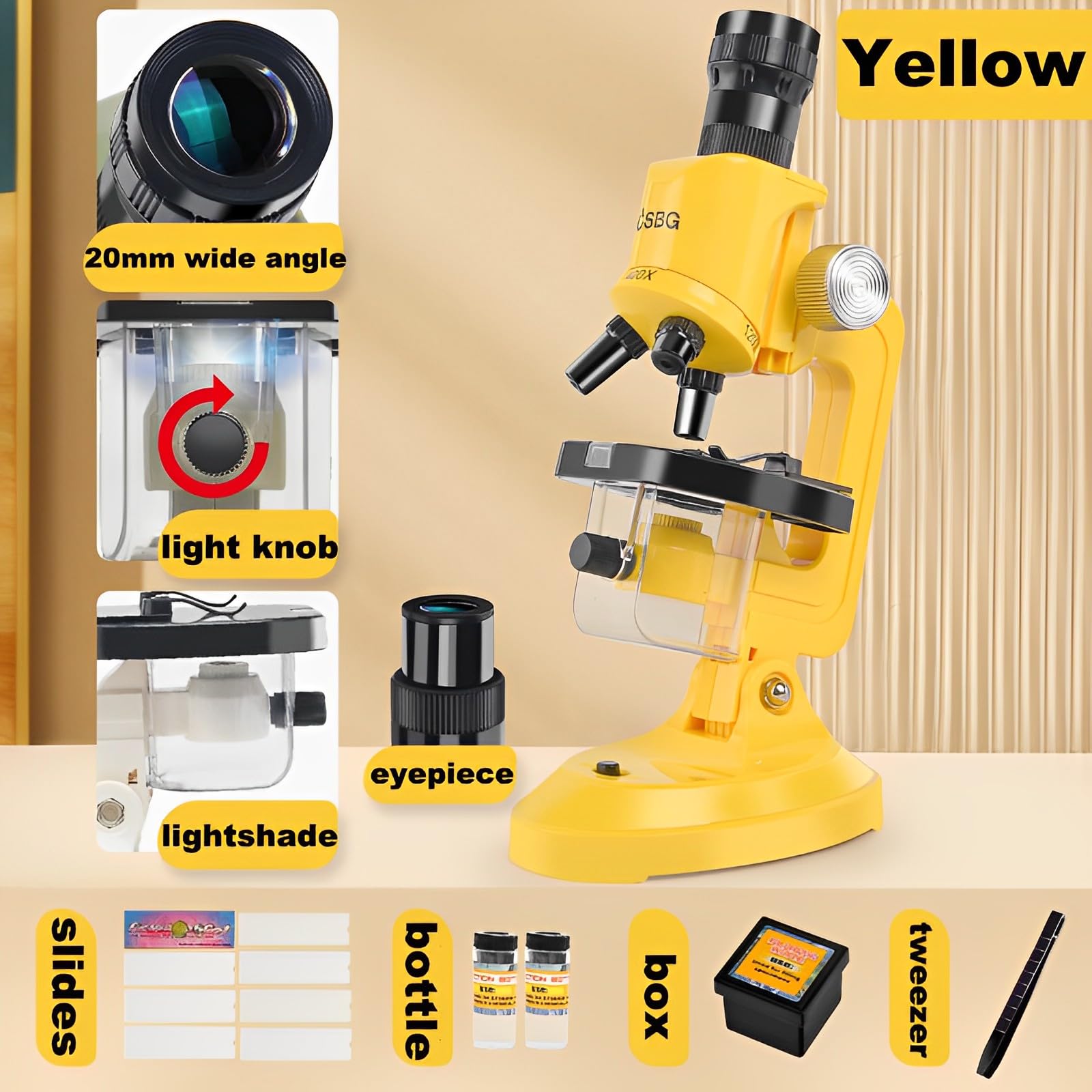 Ninyoon Large Eyepiece Microscope for Kids - Best Gift Kid Microscope Kit for Boy and Girl, 400X 1000X 1200X Educational Toy with 0.8inch Wide Angle Eyepiece Easier to Focus Observe (Yellow)