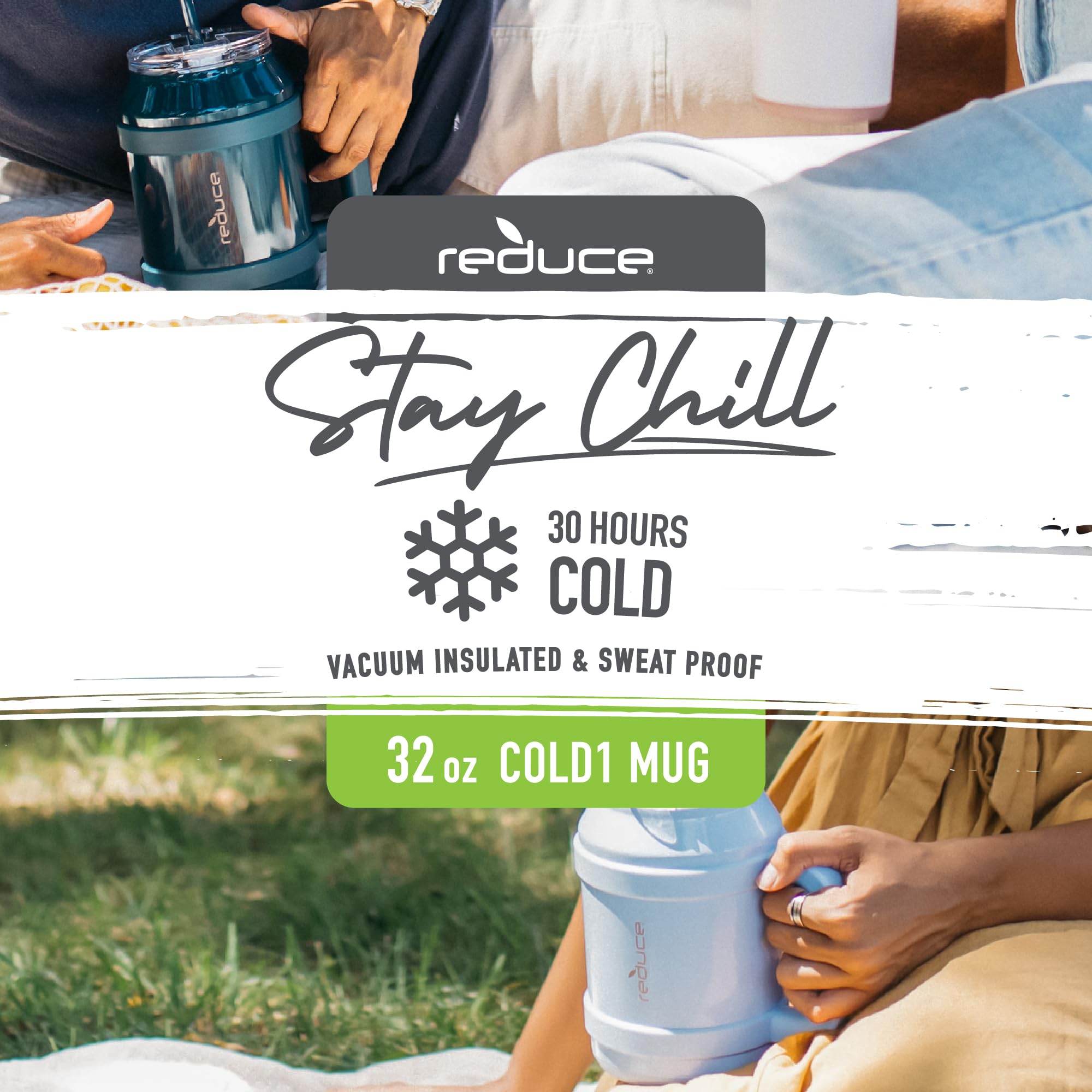 REDUCE Reusable 32 oz Cold1 Water Tumbler – Ergonomic Handle – Double-Wall Insulation – Sturdy Desktop/Tabletop Mug with Lid and Straw – BPA-Free – Stainless Steel for Gym, Home, or Office– Matcha