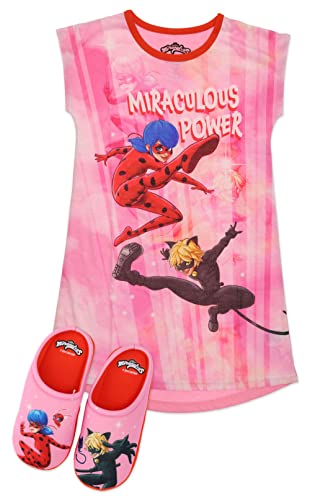 Miraculous Ladybug Pajamas for Girls Nightgown and Slipper Set, Short Sleeve Dorm Shirt, Red/Pink, Size 10/12