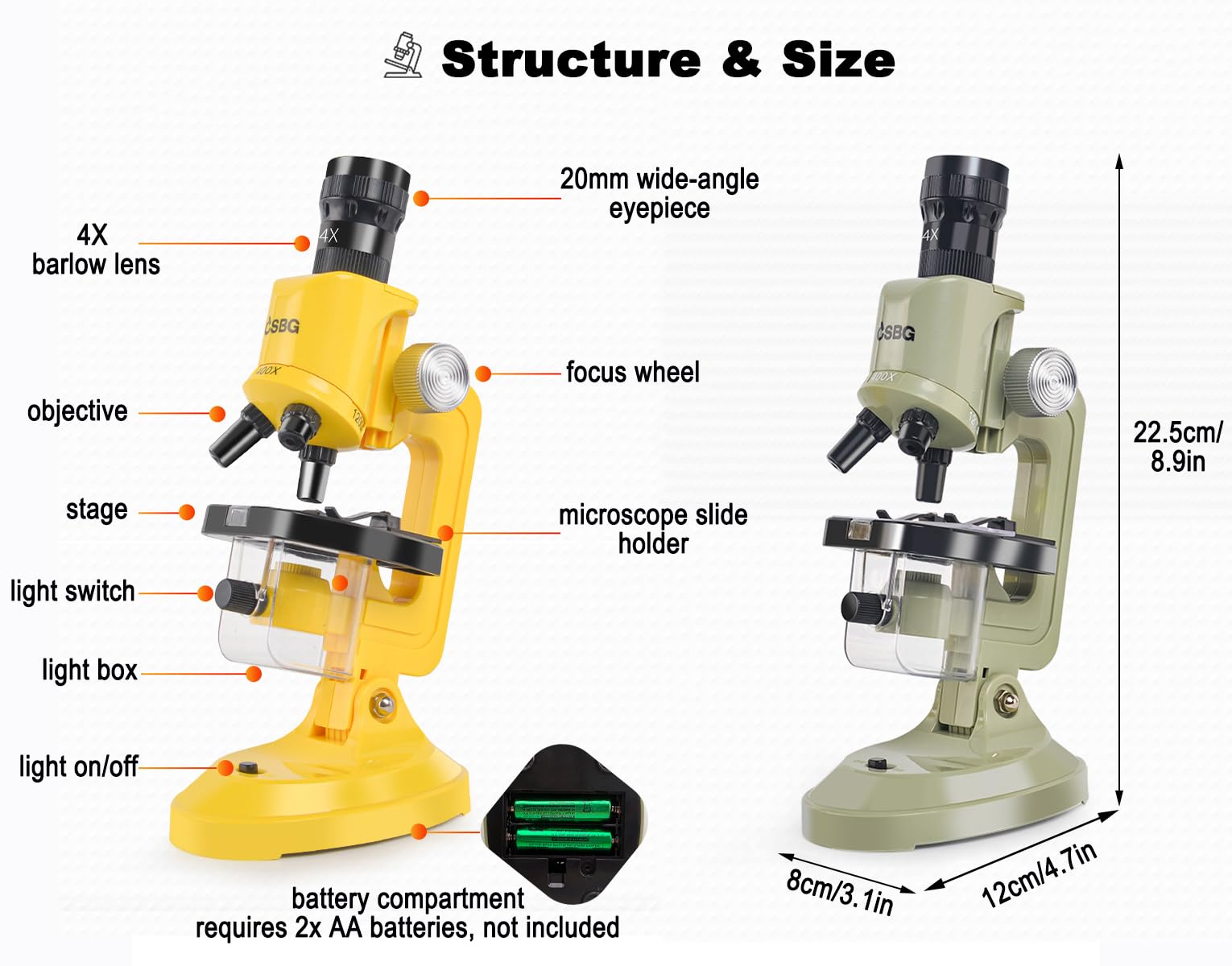 Ninyoon Large Eyepiece Microscope for Kids - Best Gift Kid Microscope Kit for Boy and Girl, 400X 1000X 1200X Educational Toy with 0.8inch Wide Angle Eyepiece Easier to Focus Observe (Yellow)