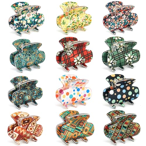 Cobahom 12Pcs 1.3 Inch Small Hair Clips Mini Acrylic No-Slip Jaw Clips for Thin Thick Hair Printed Hair Accessories for Women and Girls, Multicolor