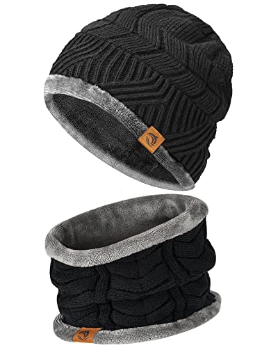 URECOVER Winter Beanie Scarf for Men - Black Slouchy Knit Fleece Cap for Women, Toboggan Hat Christmas Stocking Stuffers Birthday Gifts for Teens Unisex Adults