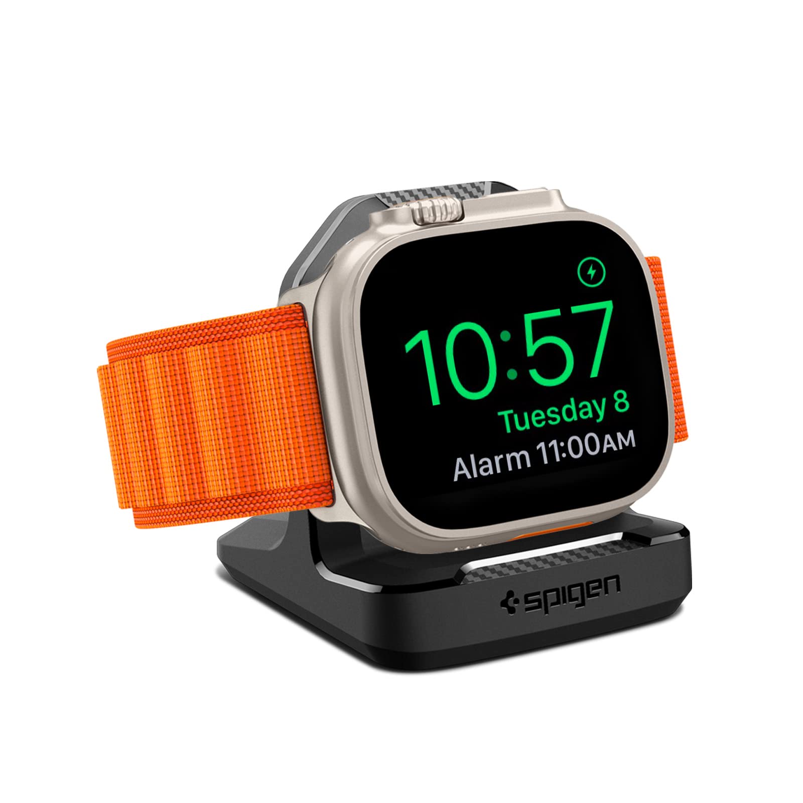 Spigen Rugged Armor Stand Designed for Apple Watch Charger Stand Compatible with Ultra 2/1 49mm, Series 10 46/42mm, 9/8/7 45/41mm, SE2/SE/6/5/4 44/40mm Durable TPU with Non-Slip Stable Base - Black