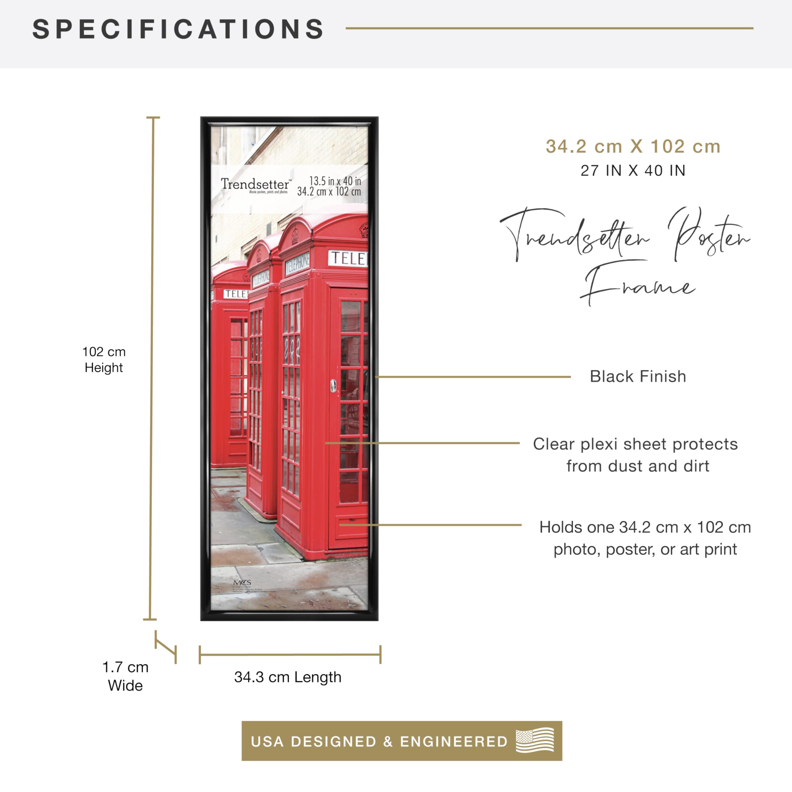 MCS Trendsetter 13.5x40 Poster Frame Black High-Gloss, Vertical & Horizontal Wall Hanging Large Picture Frame for Photos, Posters & Art Prints (1-Pack)