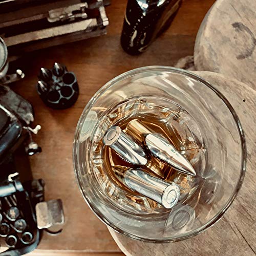 WHISKEY STONES EXTRA LARGE 6 PCS. STAINLESS STEEL SILVER BULLETS with Revolver Barrel Base Laser Engraved Ice Cubes Chillers Reusable Chilling Rocks Stone Gift Set for Men Father's Day Military Man.