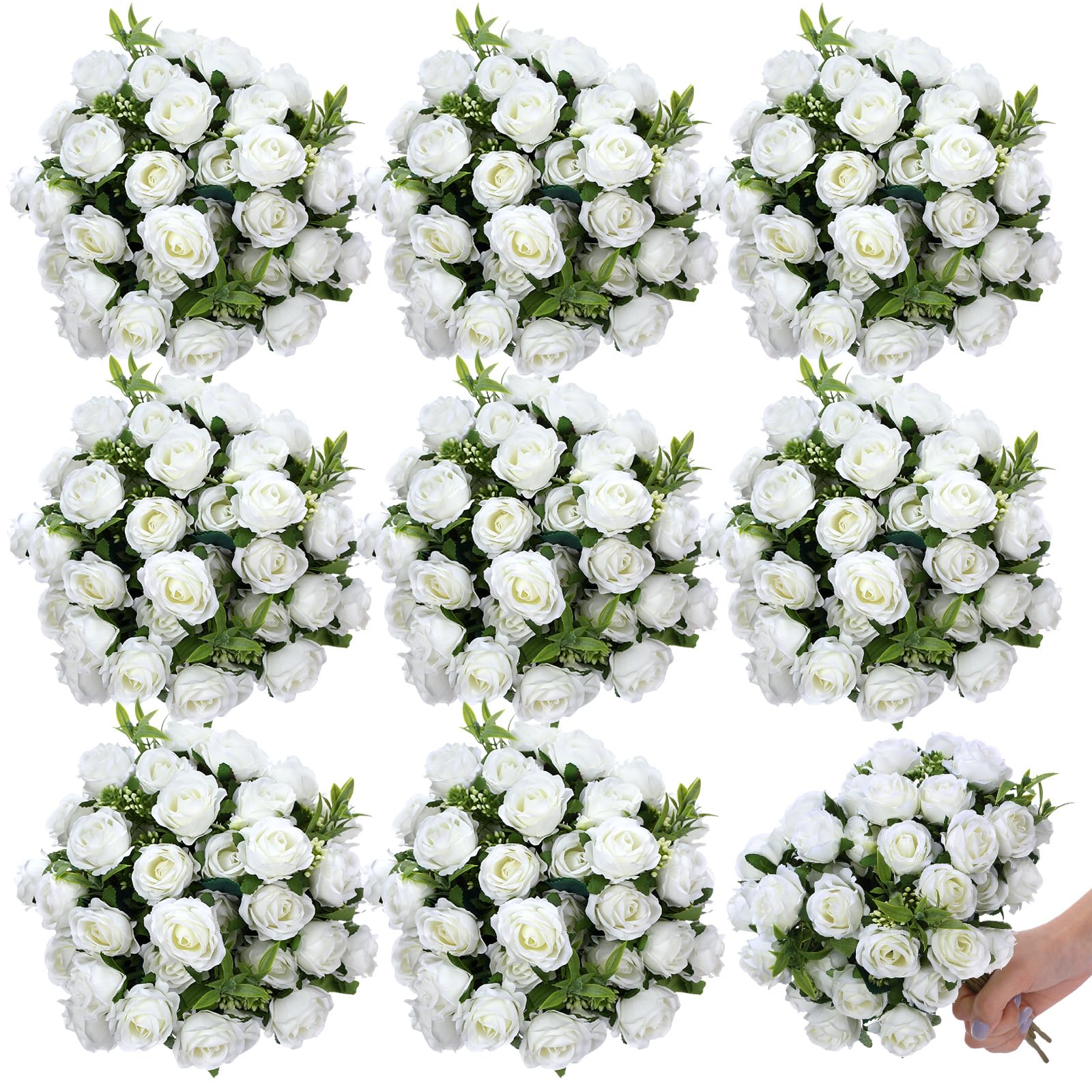 Zeyune 8 Pack 12 Inch Valentine‘s Day Artificial Rose Bouquet Silk Flowers Bunches Bulk Fake for Wedding Bridal Home Office Garden Parties Decoration (White)