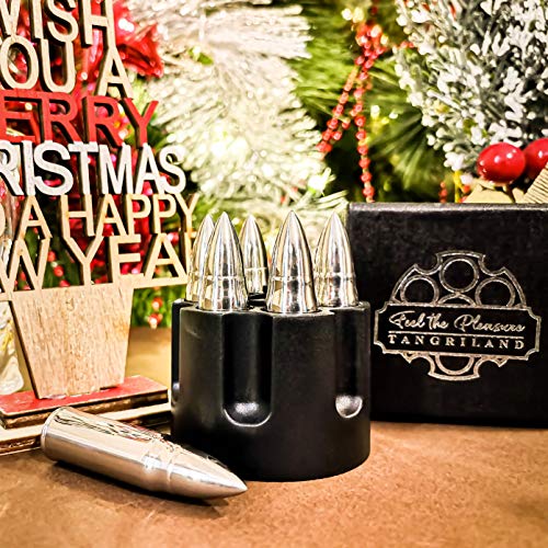 WHISKEY STONES EXTRA LARGE 6 PCS. STAINLESS STEEL SILVER BULLETS with Revolver Barrel Base Laser Engraved Ice Cubes Chillers Reusable Chilling Rocks Stone Gift Set for Men Father's Day Military Man.