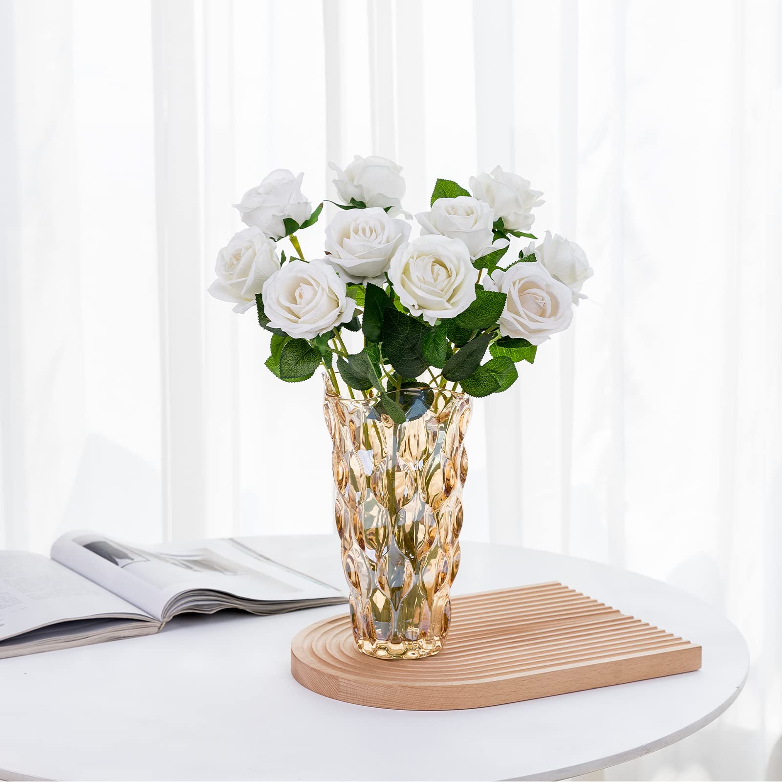 Fake Roses Artificial Silk Flowers - 12 Pcs White Roses Artificial Faux Flowers with Stems for Home Wedding Centerpiece Hotel Office Decor