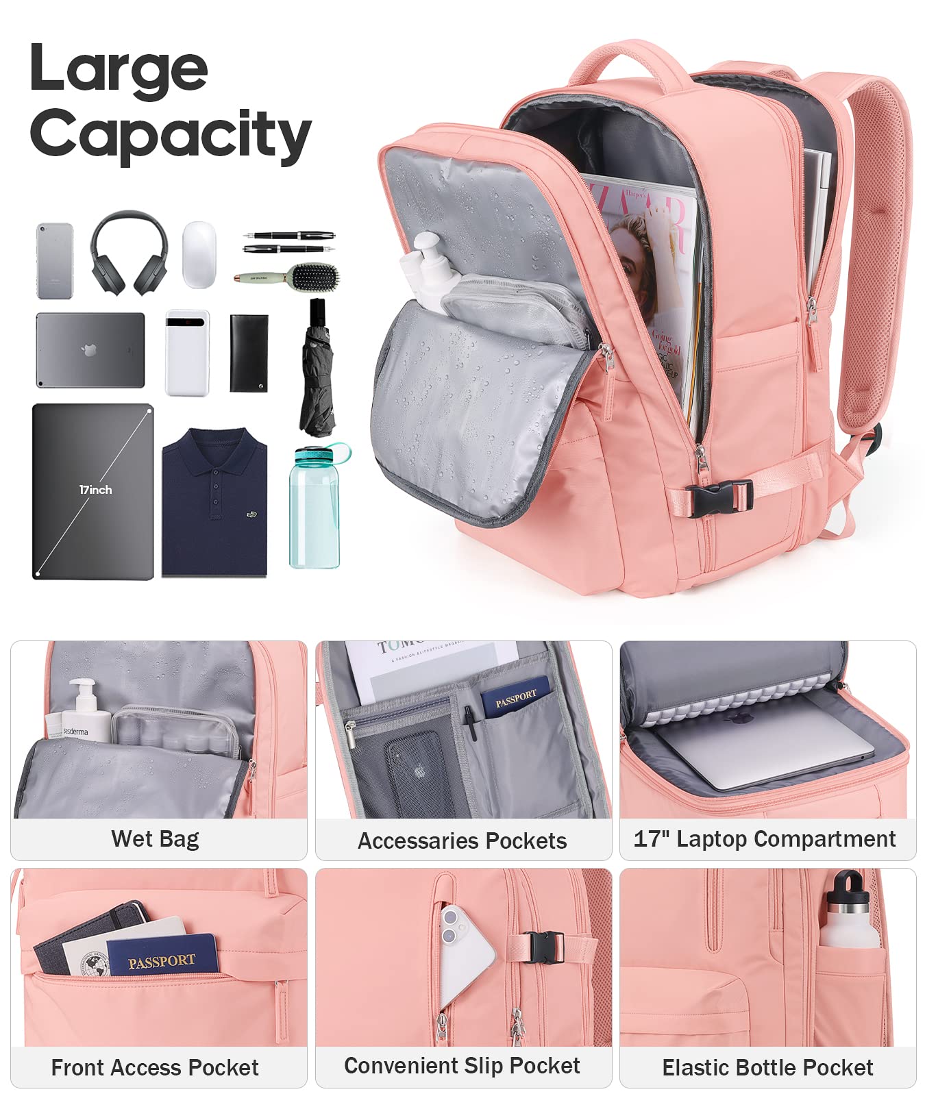 Bagsure Large Travel Backpack for Women Men, 45L Expandable Carry On Backpack, 17 Inch Laptop Backpack Waterproof College Business, Flight Approved