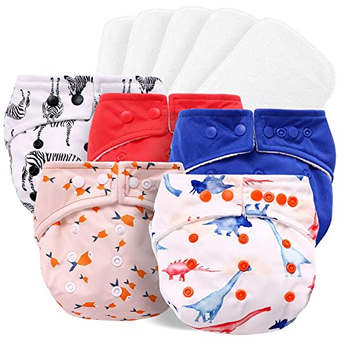 Baby Cloth Diapers One Size Adjustable Washable Reusable Pocket Diapers for Baby Girls and Boys 5 Packs +5 Microfiber Inserts