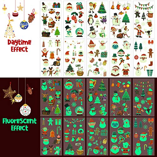 Christmas Temporary Tattoo Stickers, Luminous Xmas Tattoo Decal for Kids, Glow in the Dark Waterproof Fake Tattoos for Gift (10 Sheets)