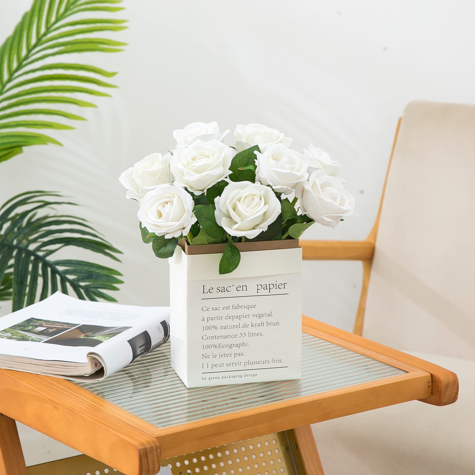Fake Roses Artificial Silk Flowers - 12 Pcs White Roses Artificial Faux Flowers with Stems for Home Wedding Centerpiece Hotel Office Decor