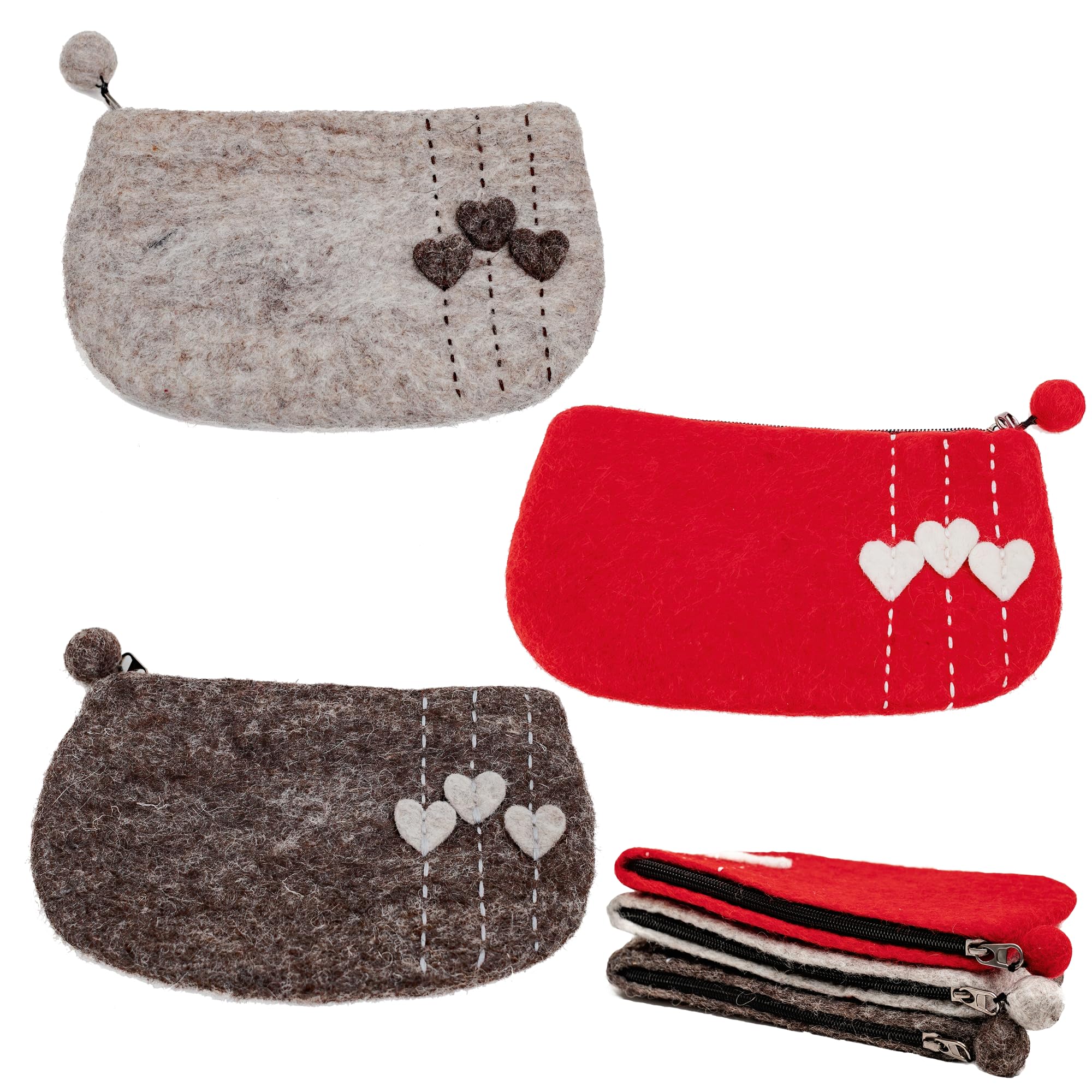 Simply Inspired Handmade Wool Heart Purse Cosmetic Pouch - Mini Cosmetic Pouch - Small Makeup Bag - Travel Red Heart Bag Is a Great Gift for Women - Set of 3