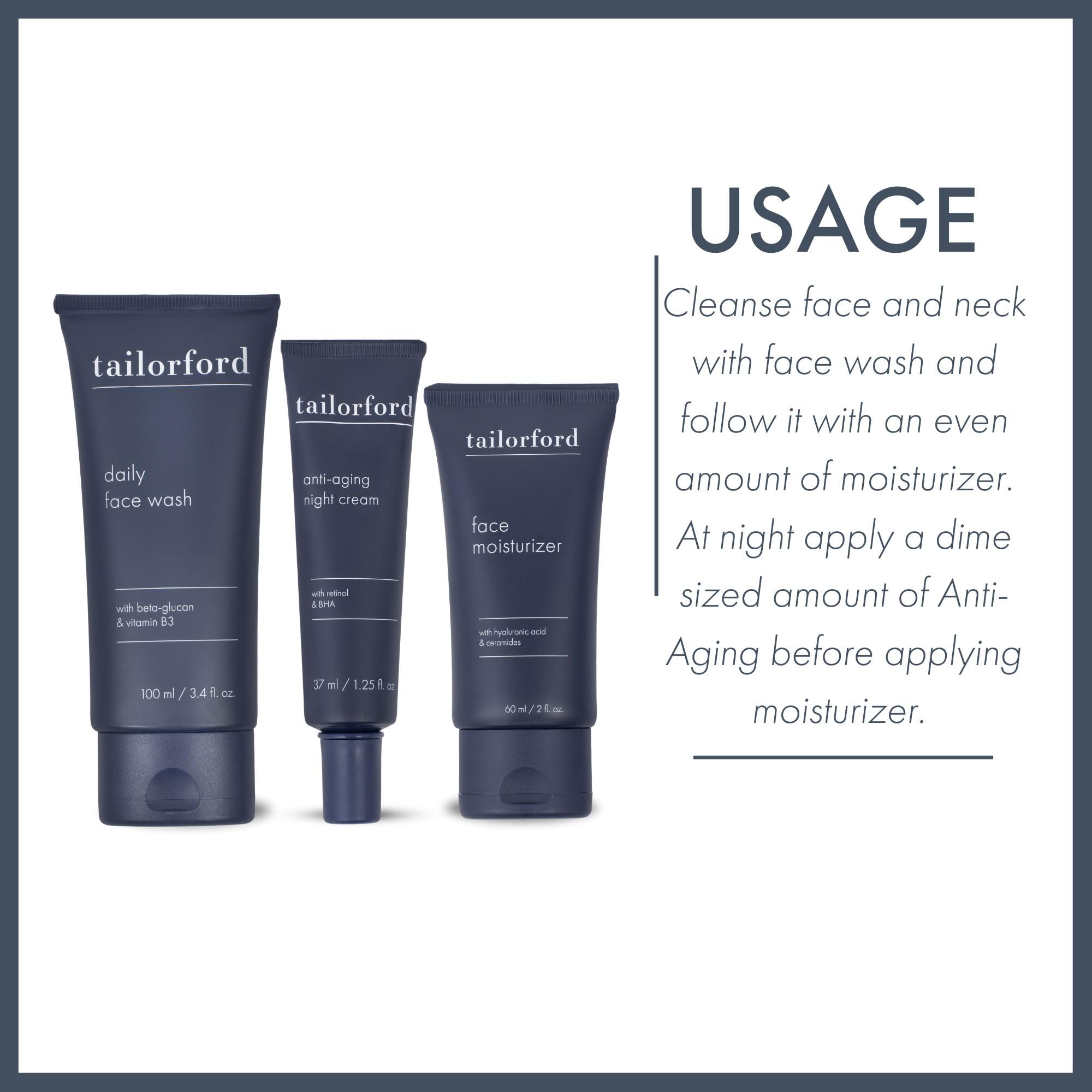Tailorford Unisex 3 Step Skin Care Routine including Face Wash, Moisturizer and Night Cream, Skin Care Set for Men and Women, Travel Size