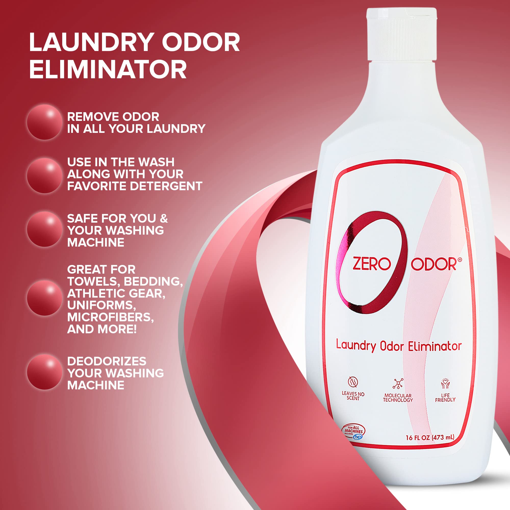 Zero Odor β Laundry Odor Eliminator - Permanently Eliminate laundry Odor β Patented Molecular Technology Best For Clothes, Towels & Linens, Shoes, Bags, Etc. - rinse and refresh Again, 16oz