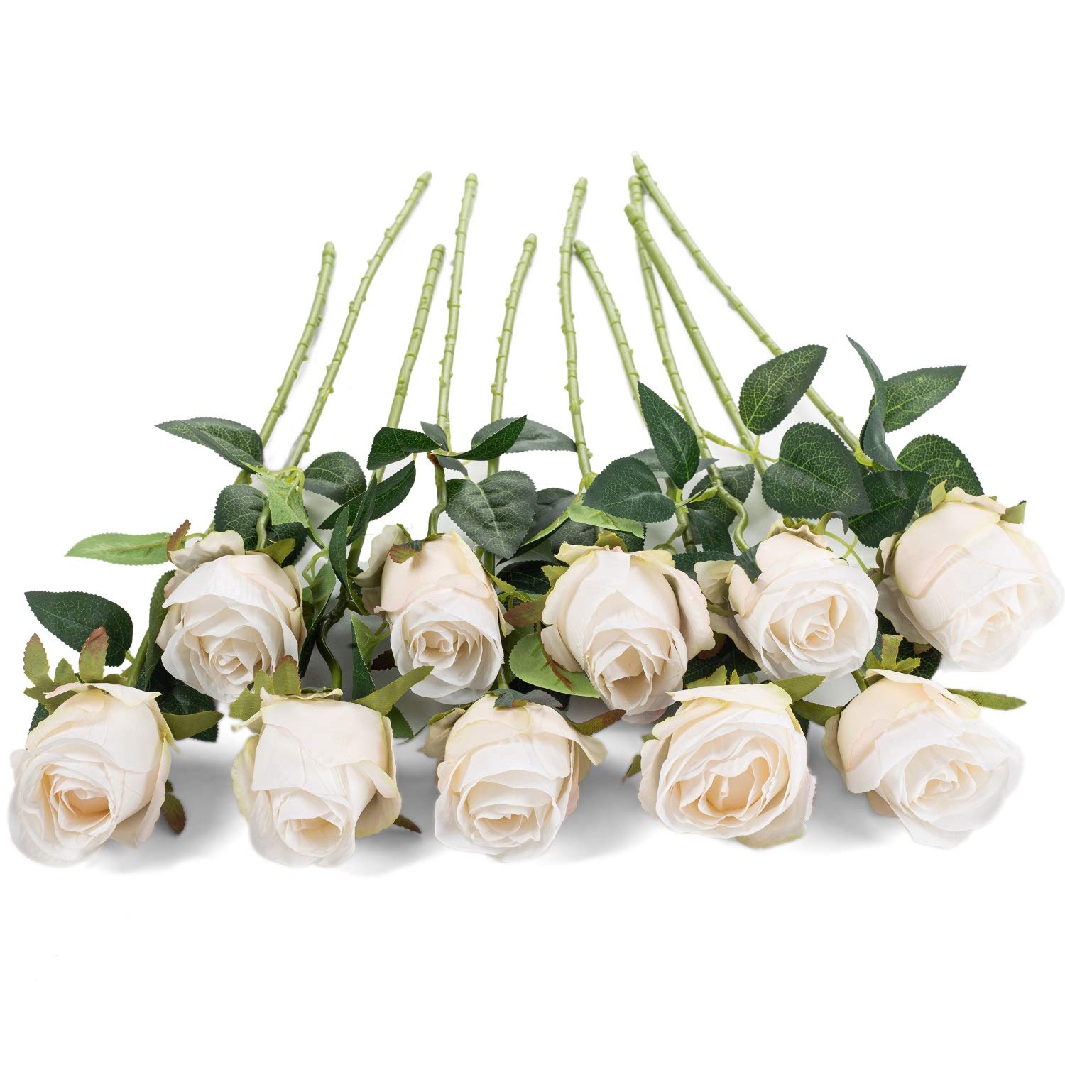 Flojery 10pcs Artificial Rose Flowers Long Stem Fake Silk Roses for DIY Wedding Bouquet Table Centerpiece Home Decor (White)