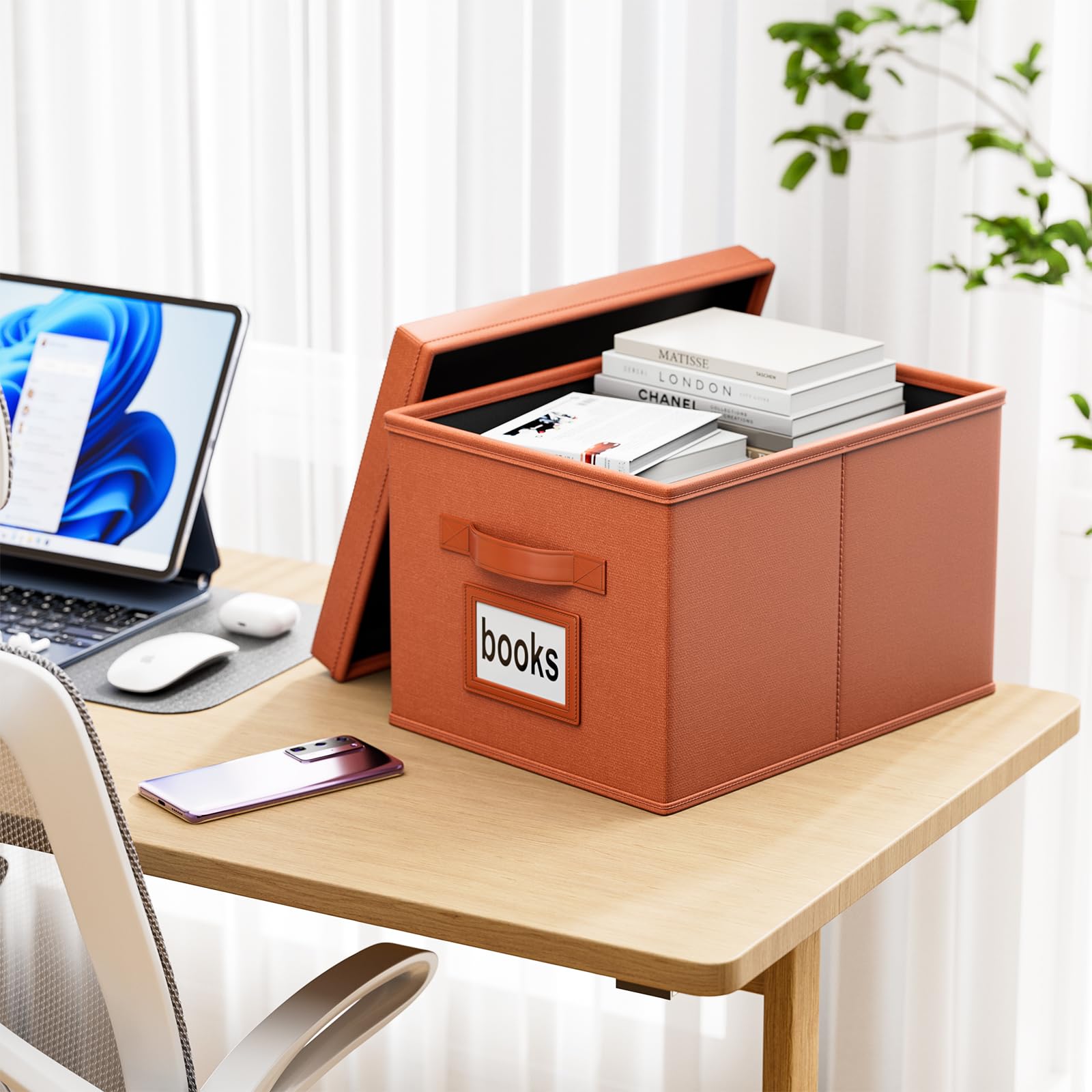 Huolewa Upgraded File Organizer Boxes Set of 2, File Boxes with Lids, Linen Hanging File Organizer Boxes for Document Letter/Legal File Folder Storage, Small Filing Boxes Cabinets for Office/Home