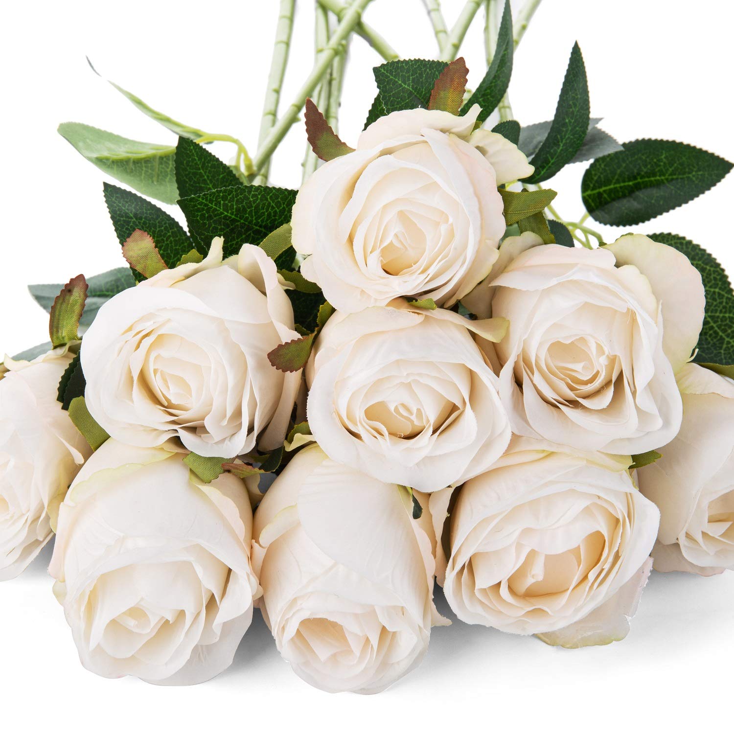 Flojery 10pcs Artificial Rose Flowers Long Stem Fake Silk Roses for DIY Wedding Bouquet Table Centerpiece Home Decor (White)