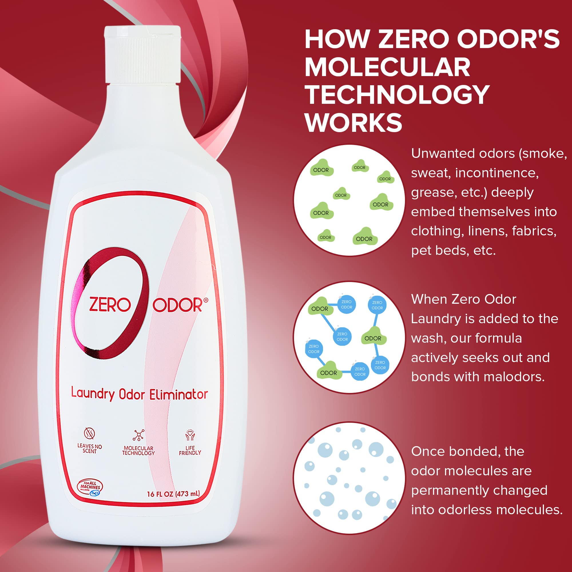 Zero Odor β Laundry Odor Eliminator - Permanently Eliminate laundry Odor β Patented Molecular Technology Best For Clothes, Towels & Linens, Shoes, Bags, Etc. - rinse and refresh Again, 16oz