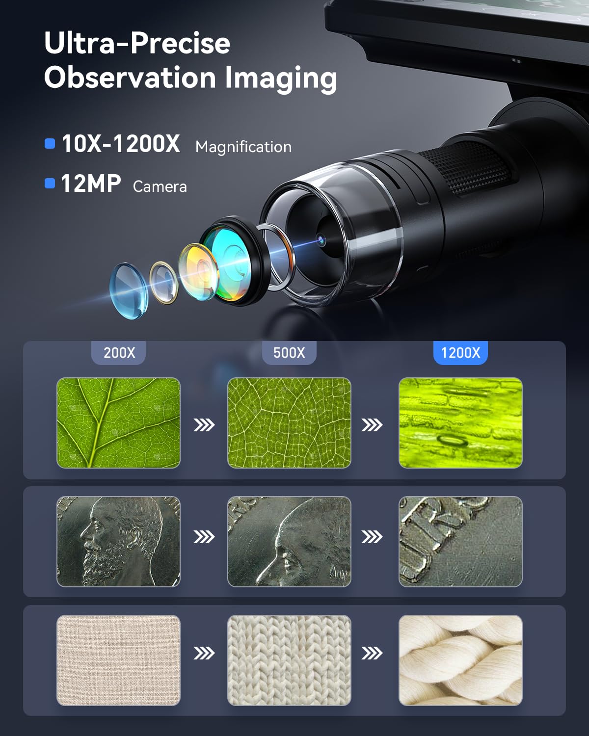 7" LCD Digital Microscope, Coin Microscope with 12MP Camera 10-1200X, 1080P Video/Photo, SKYEAR USB Microscope for Windows/MacOS, 2 Fill Lights, Wireless Remote, Microscope for Adults