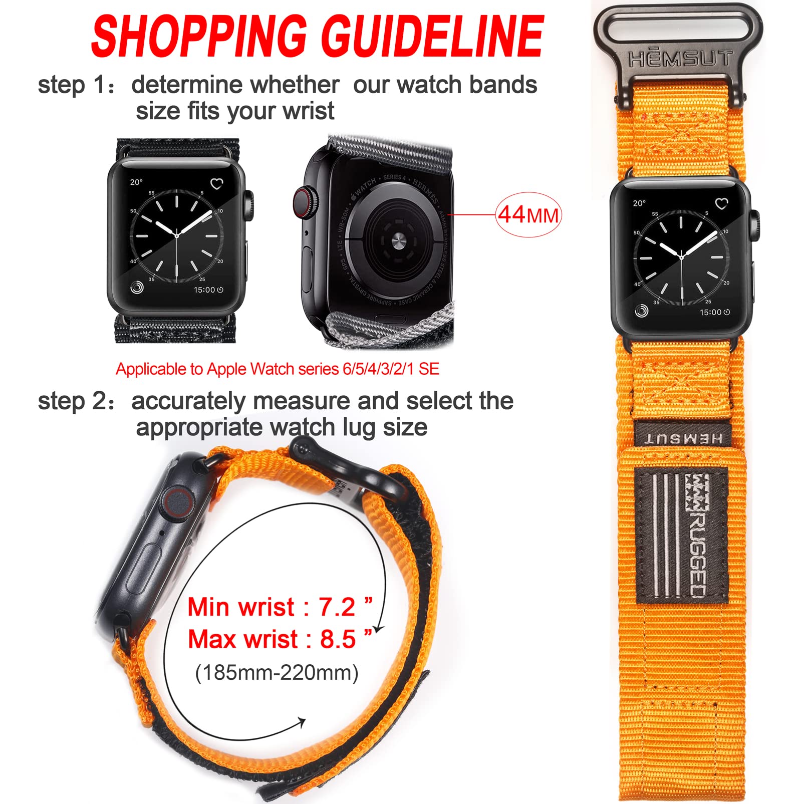 Hemsut Compatible With Apple Watch Band, Rugged Nylon Sports Strap With Woven Loop Design For iWatch 42mm/44mm/45mm 38mm/40mm/41mm, Tough Replacement Band For Series 7/6/5/4/3/2/1/SE Men Women