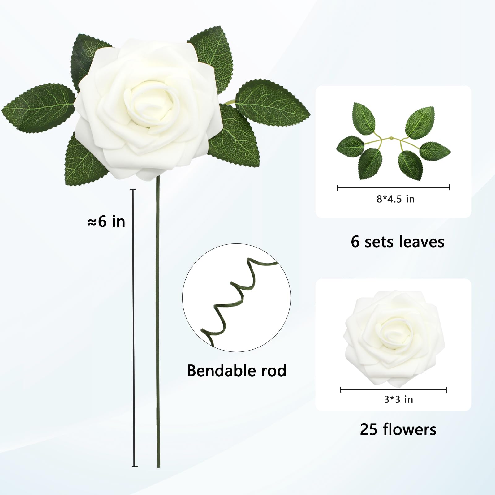 JOYLEX Artificial Flowers Realistic Roses, 25pcs Real Looking Fake Roses with Stem for DIY Wedding Bouquets Centerpieces Bridal Shower Party Home Romantic Decorations (Regular 3" - 25pcs, White)