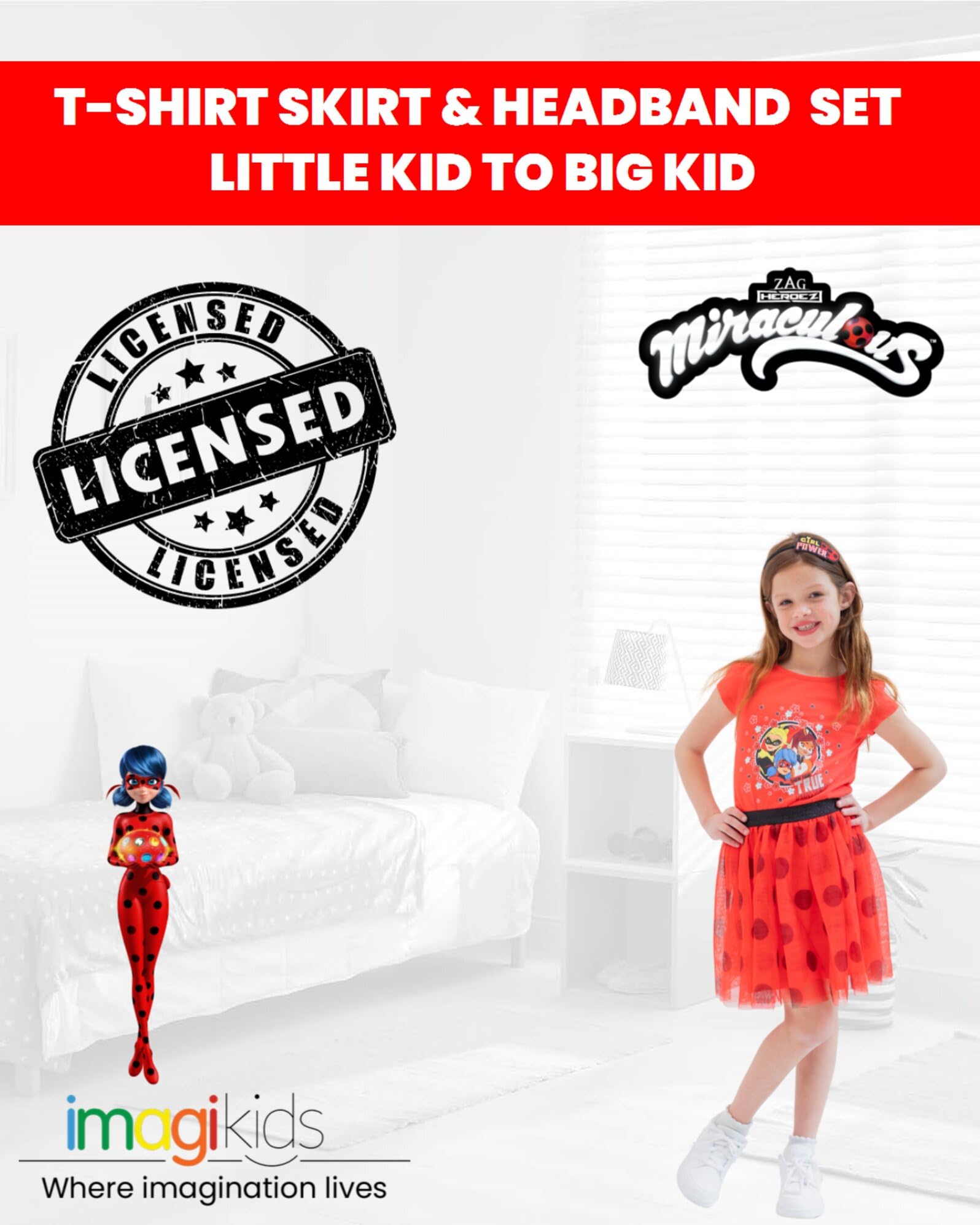 Miraculous Little Girls T-Shirt, Skirt and Satin Headband 3 Piece Outfit Set Red 7-8