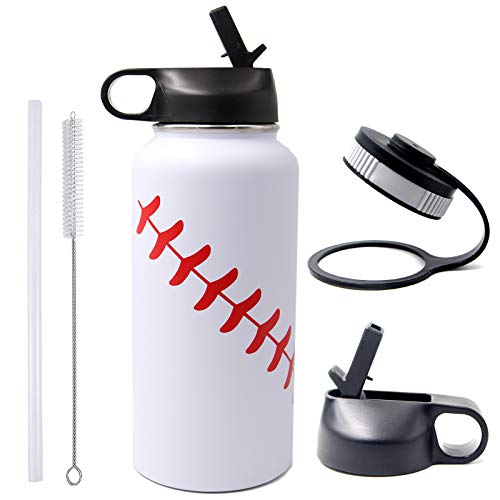 32 oz Baseball Softball Water Bottle, Wide Mouth Sports Flask Metal Travel Tumbler with 2 Lids 18/8 Stainless Steel Double Wall Vacuum Insulated (32oz, White baseball)