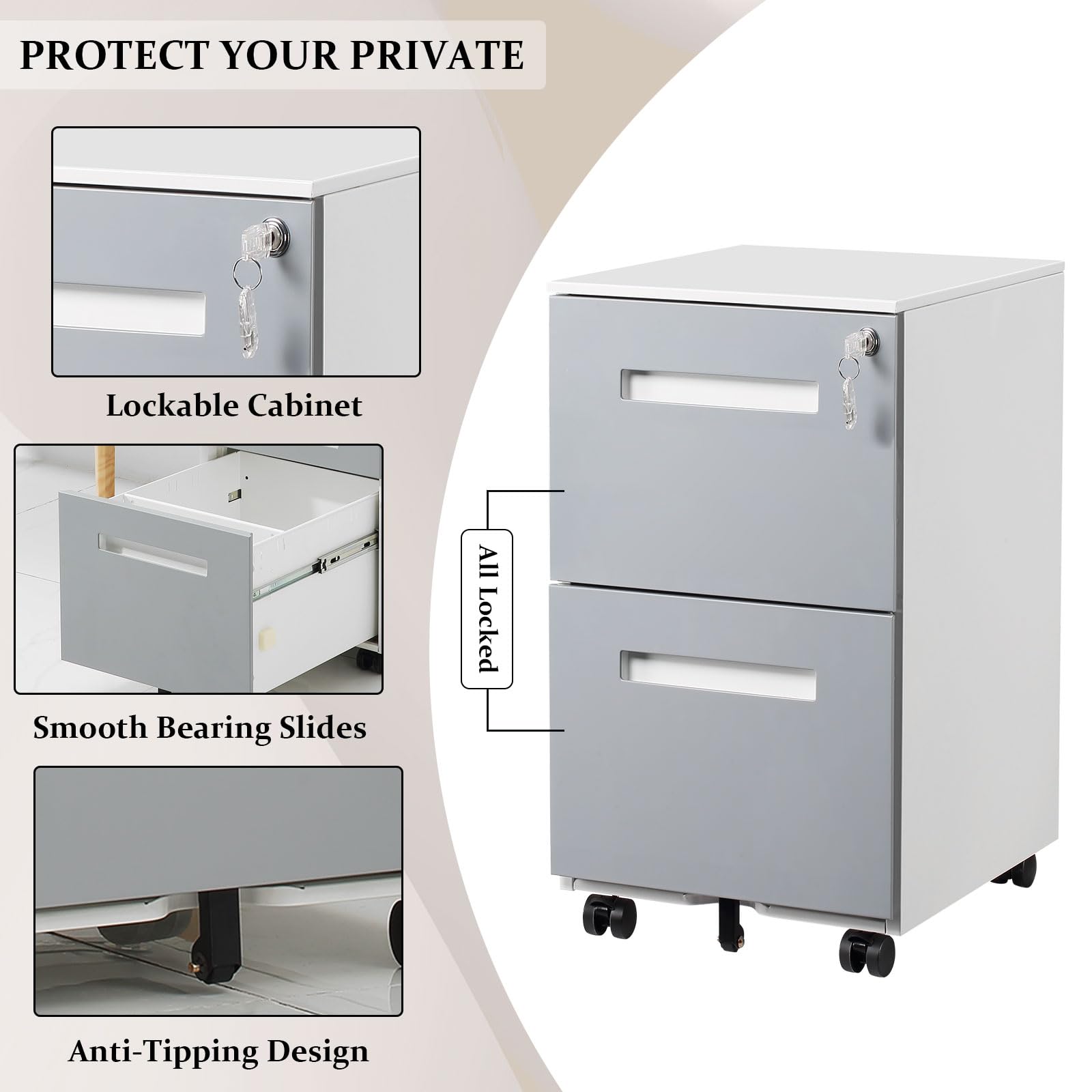 GOOGIC 2-Drawer Mobile File Cabinets, Rolling Metal Vertical Filing Cabinet for Legal & Letter File Anti-tilt Design with Lock Fully Assembled Except Casters, Gray&White(Style 3)