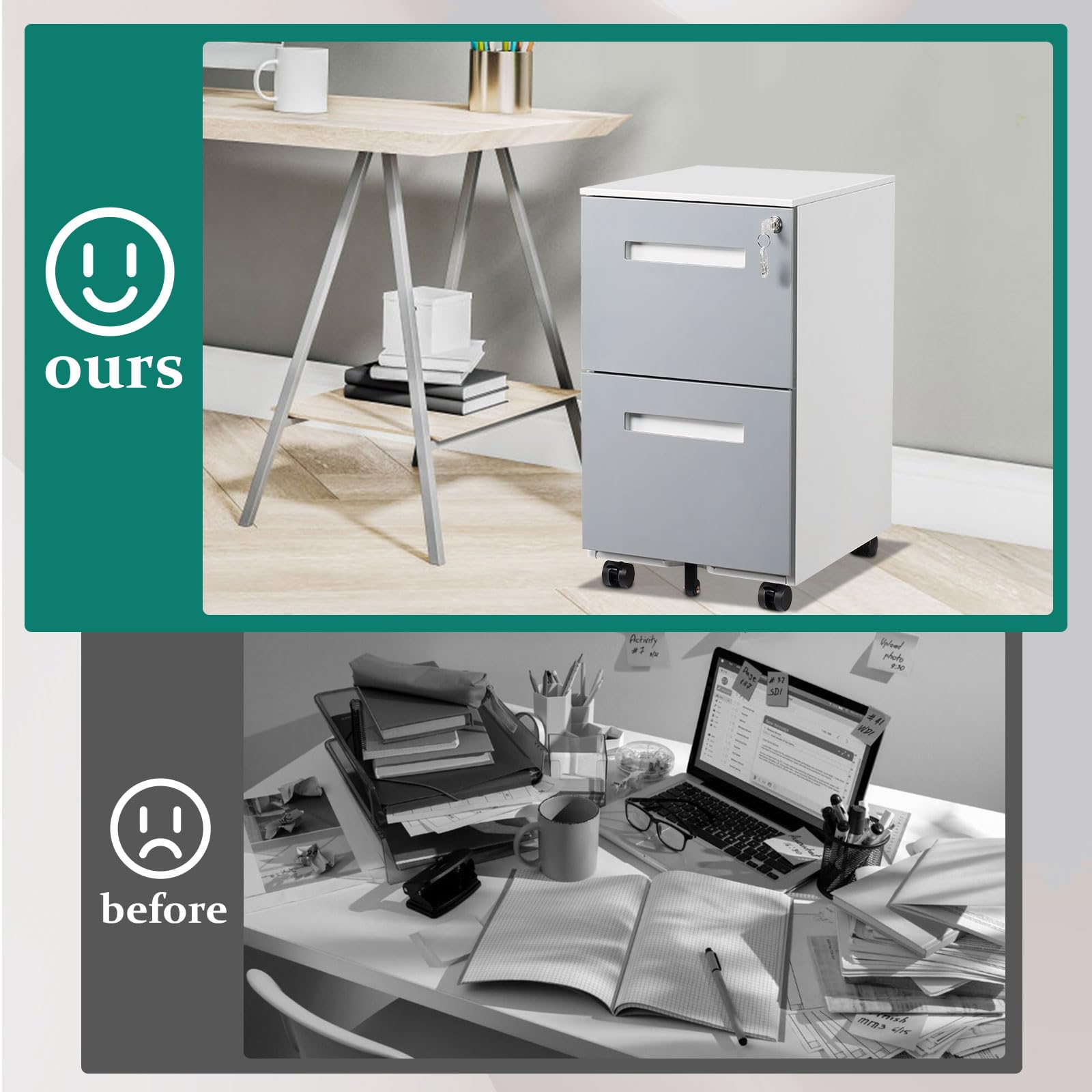 GOOGIC 2-Drawer Mobile File Cabinets, Rolling Metal Vertical Filing Cabinet for Legal & Letter File Anti-tilt Design with Lock Fully Assembled Except Casters, Gray&White(Style 3)