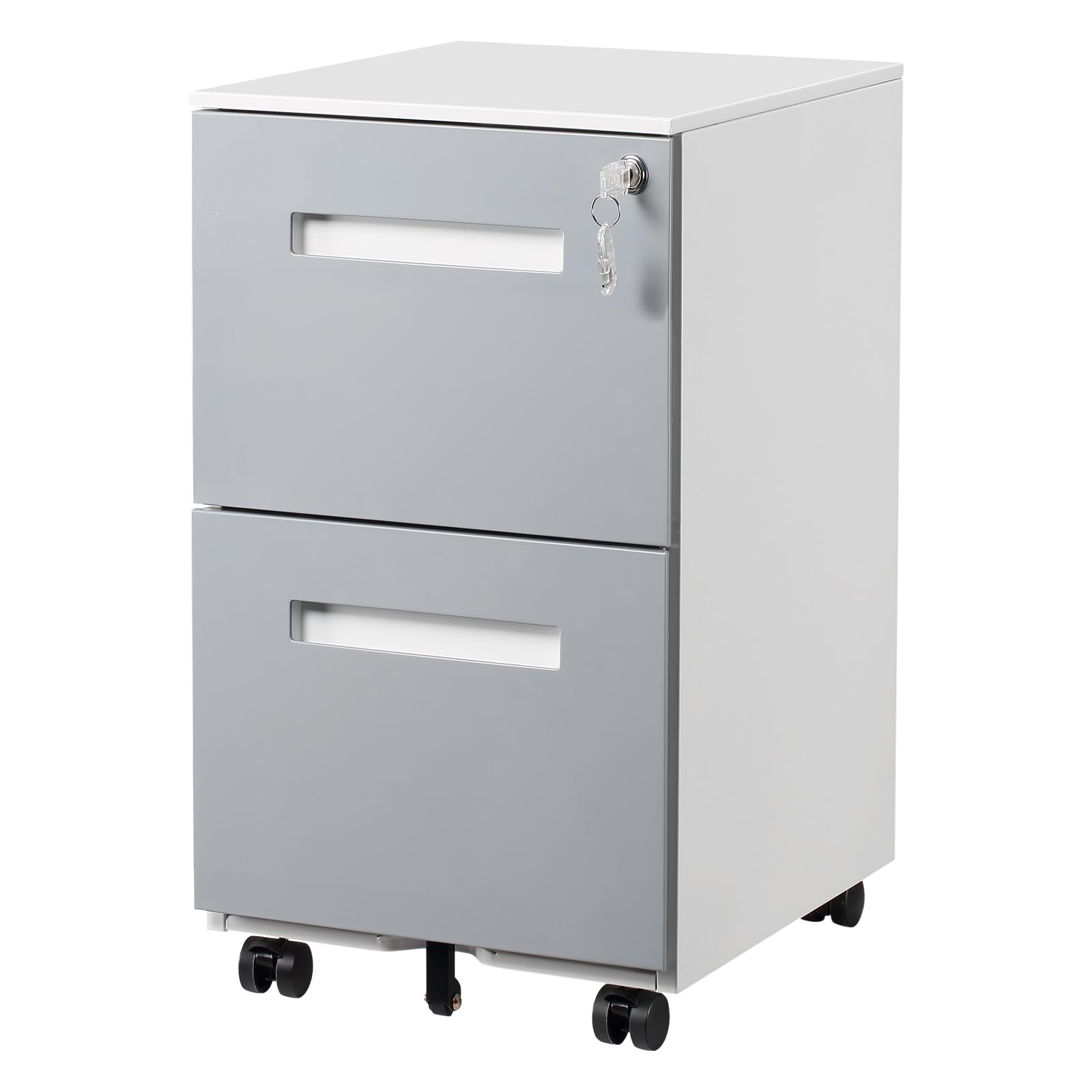 GOOGIC 2-Drawer Mobile File Cabinets, Rolling Metal Vertical Filing Cabinet for Legal & Letter File Anti-tilt Design with Lock Fully Assembled Except Casters, Gray&White(Style 3)