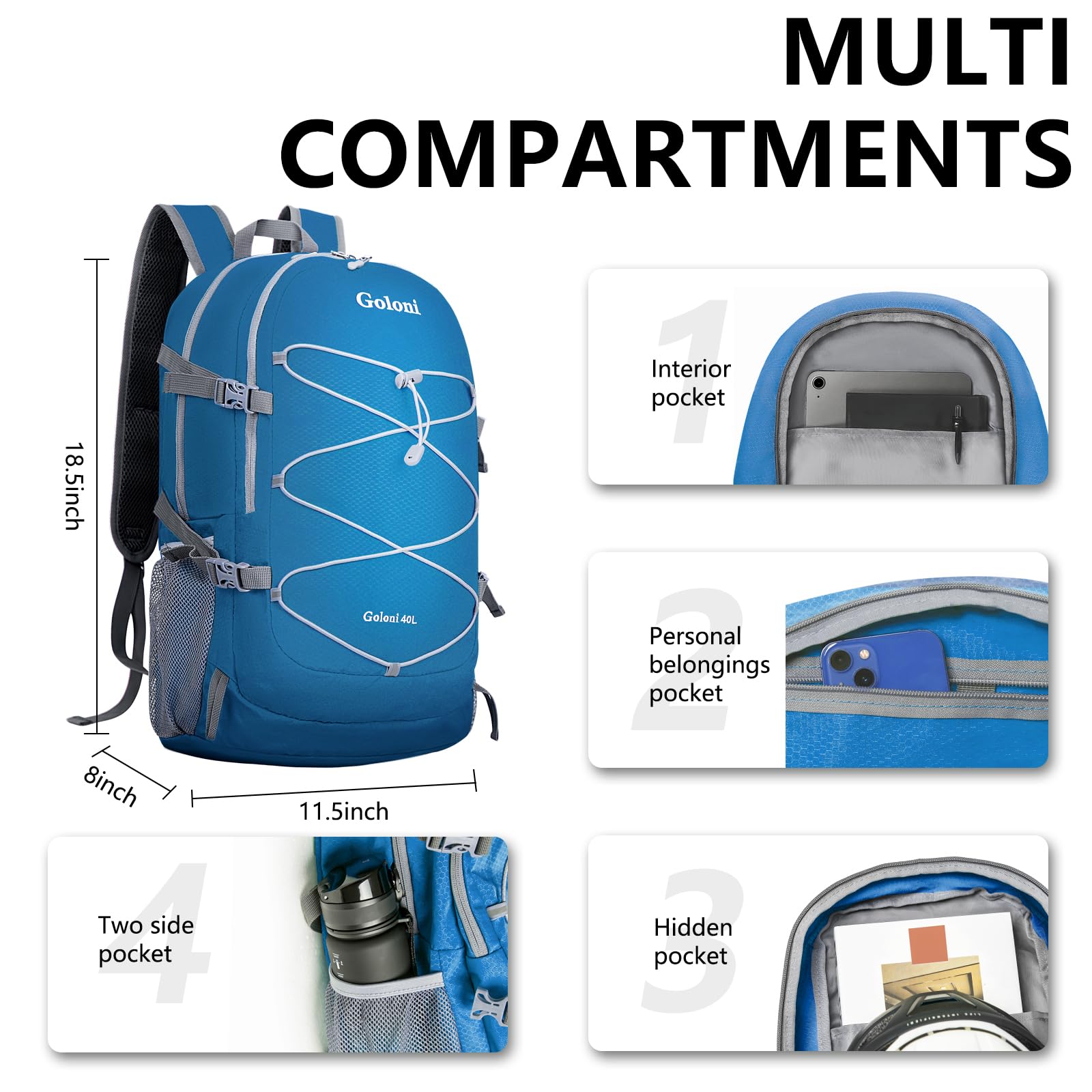 Goloni Ultra Lightweight Packable Backpack 40L - Foldable Hiking Backpack Water Resistant Small Foldable Daypack for Travel,Po Blue