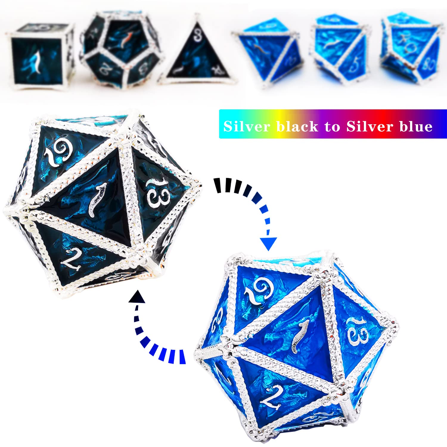 MJDICEOK Color Changing dice Metal Dragons dice DND dice Set D&D dice Set Role Playing dice Apply to Dungeons and Dragons (Black to Blue)