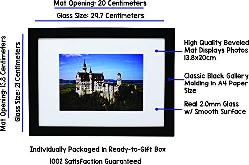 A4 Black Wood 21 x 29.7 cm Picture Frame with 13.8x20cm Mat - Includes Hanging Hardware and Easel - Real Glass - Horizontal and Vertical for Wall or Tabletop - International Size - 8.3x11.7 Inch
