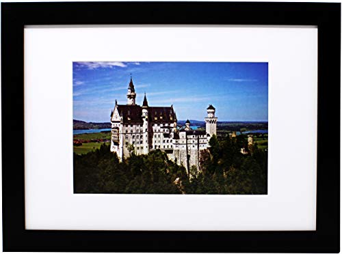 A4 Black Wood 21 x 29.7 cm Picture Frame with 13.8x20cm Mat - Includes Hanging Hardware and Easel - Real Glass - Horizontal and Vertical for Wall or Tabletop - International Size - 8.3x11.7 Inch