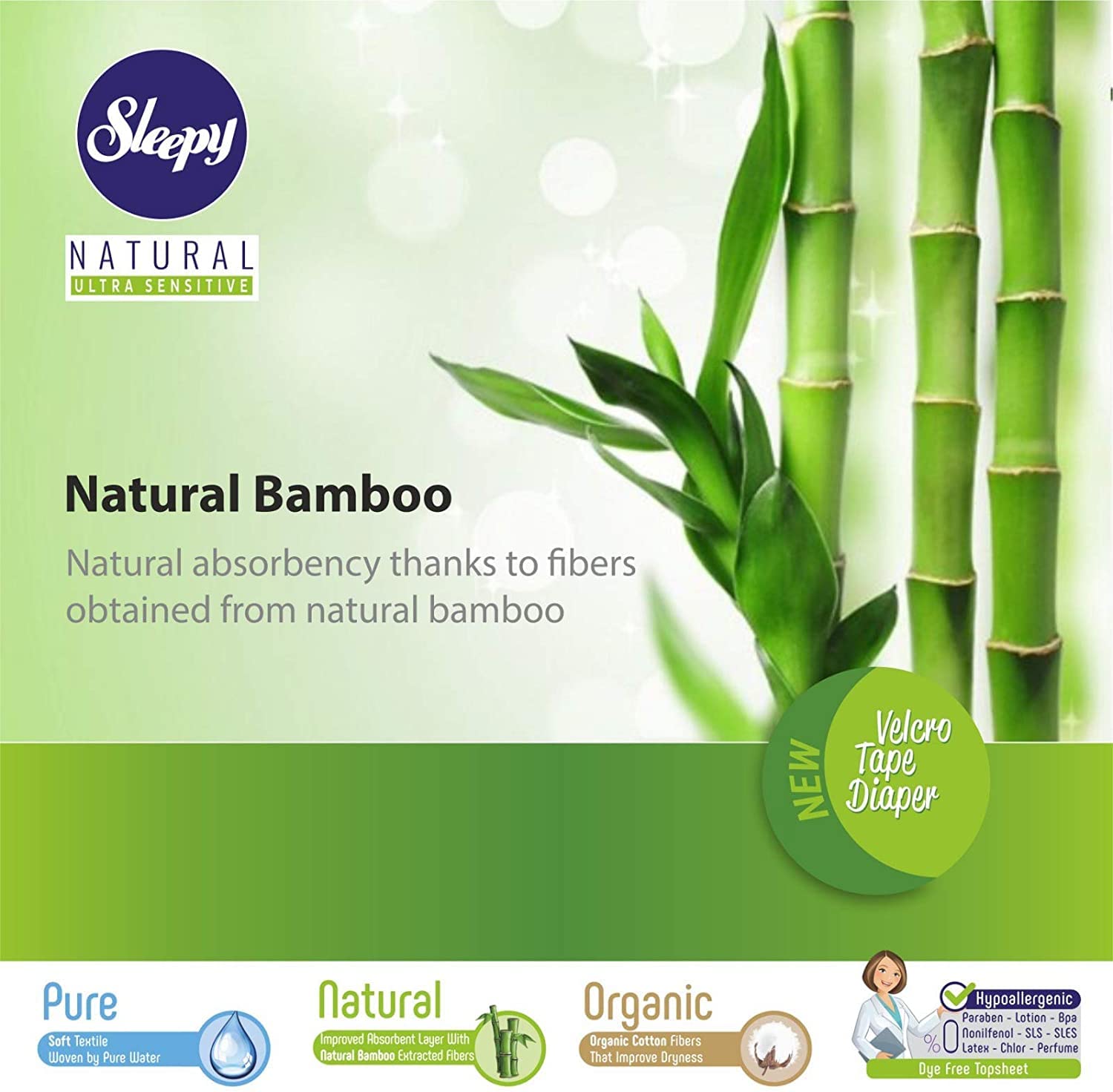 SOHO | Sleepy Natural Baby Diapers, Made from Organic Cotton and Bamboo Extract, Ultimate Comfort and Dryness, Disposable Diapers Snuggle Diaper (Size 3 +)