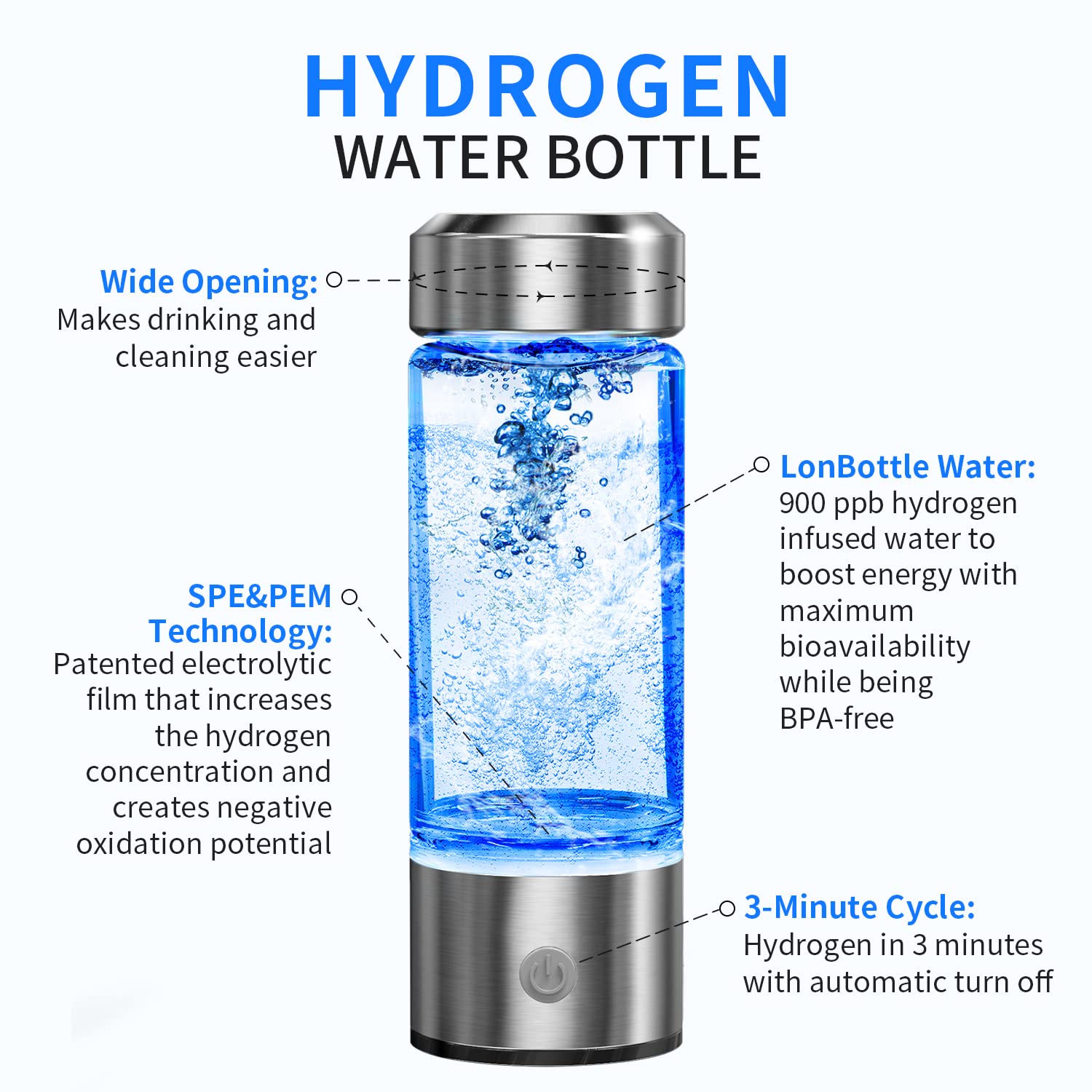 Hydrogen Water Bottle, Portable Hydrogen Water Ionizer Machine, Hydrogen Water Generator, Rechargeable Hydrogen Rich Water Glass Health Cup for Home Travel (Silvery)