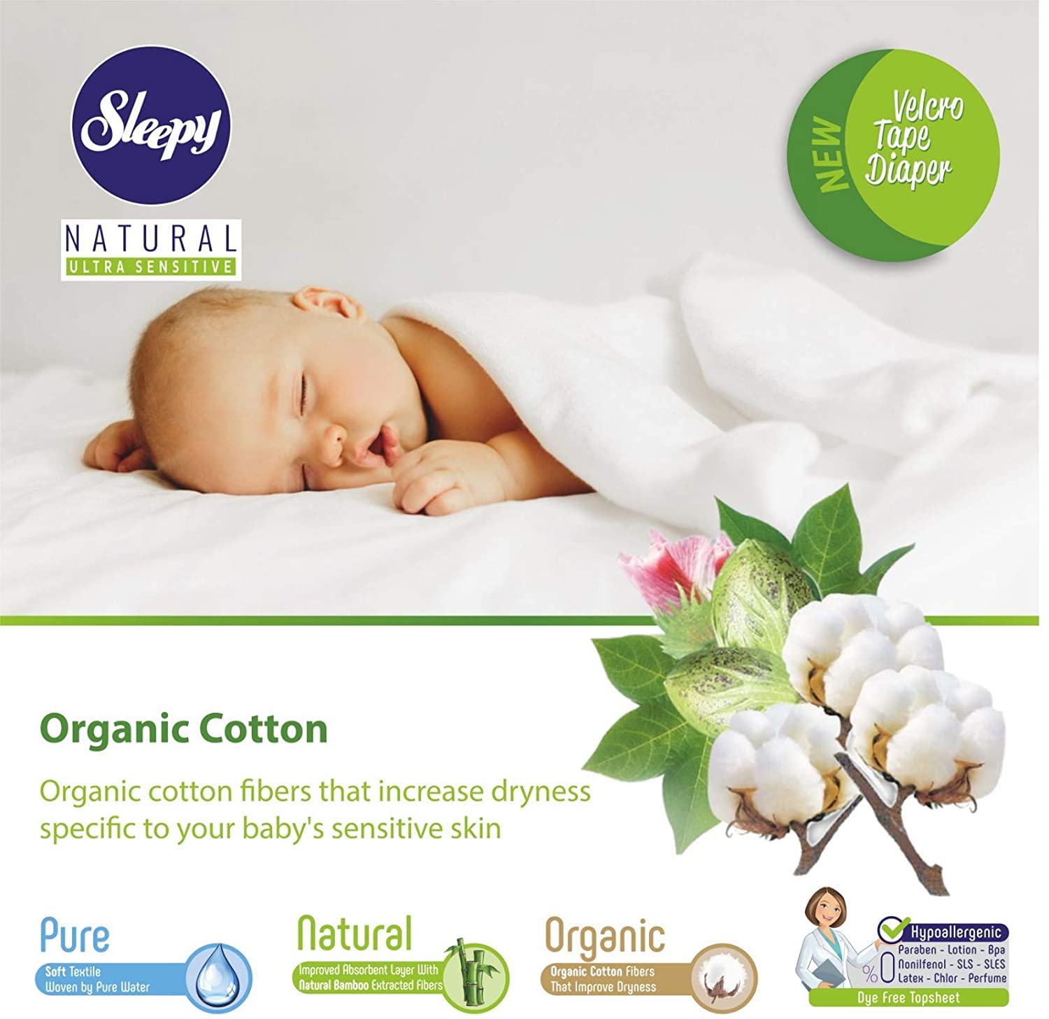 SOHO | Sleepy Natural Baby Diapers, Made from Organic Cotton and Bamboo Extract, Ultimate Comfort and Dryness, Disposable Diapers Snuggle Diaper (Size 3 +)
