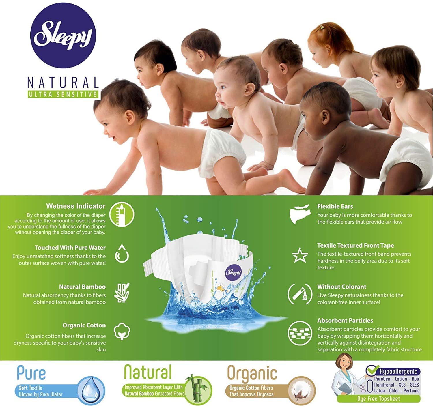 SOHO | Sleepy Natural Baby Diapers, Made from Organic Cotton and Bamboo Extract, Ultimate Comfort and Dryness, Disposable Diapers Snuggle Diaper (Size 3 +)