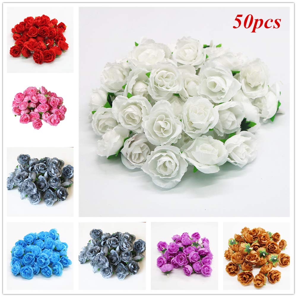 Partslety 50pcs Fake Artificial Silk Rose Heads Flower Buds Home Bouquet Wedding DIY Craft White