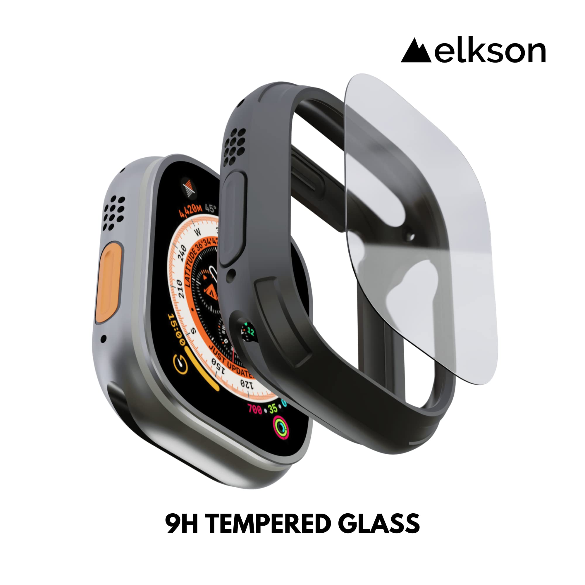 elkson Made for Apple Watch Ultra 2 1 Bumper Case 49mm Screen Protector Tempered Glass, Quattro Max Series Rugged for iWatch, Military Grade Durable Protective Cover, Flexible Shock Proof, Grey