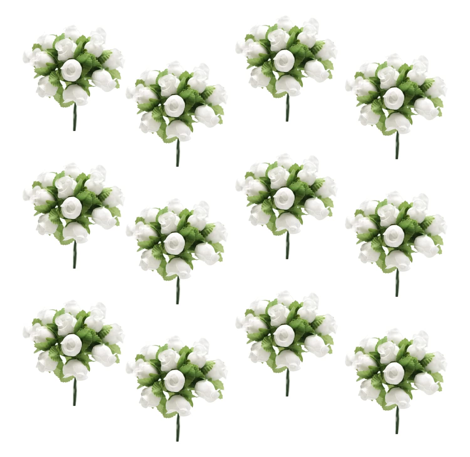 GiftWrap Etc. White Artificial Silk Flower Roses - 12 Mini Bouquets of 12 Rosebuds, 144 Rosebuds Total, Wedding, Reception, Anniversary, Wreath, Bridal Shower