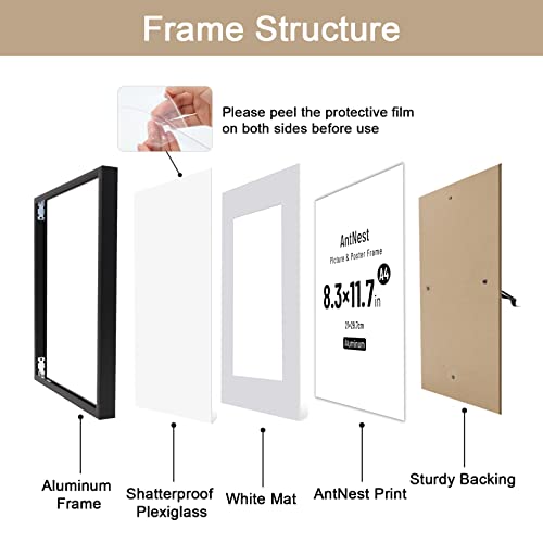 AntNest A4 Aluminum Picture Frame, Acrylic Front, Thin Black Metal Poster Frame for 8.3x11.7 Pictures, Horizontal/Vertical Wall Mount, Wall Hook Included