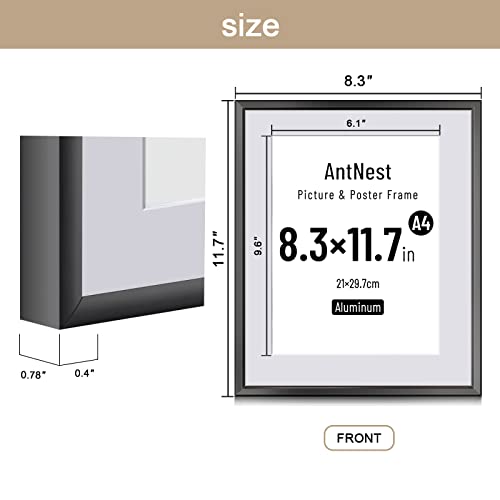 AntNest A4 Aluminum Picture Frame, Acrylic Front, Thin Black Metal Poster Frame for 8.3x11.7 Pictures, Horizontal/Vertical Wall Mount, Wall Hook Included